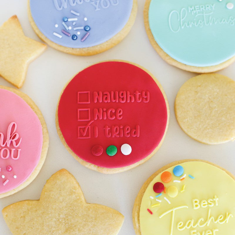 Cookie Embosser Stamp - Naughty Nice Tried – GorgeousGooseCakes